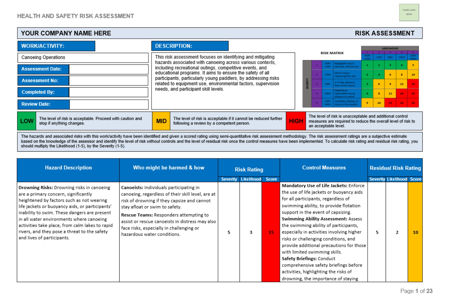Canoeing Risk Assessment - MS Word, Fully Customisable, Editable and ...