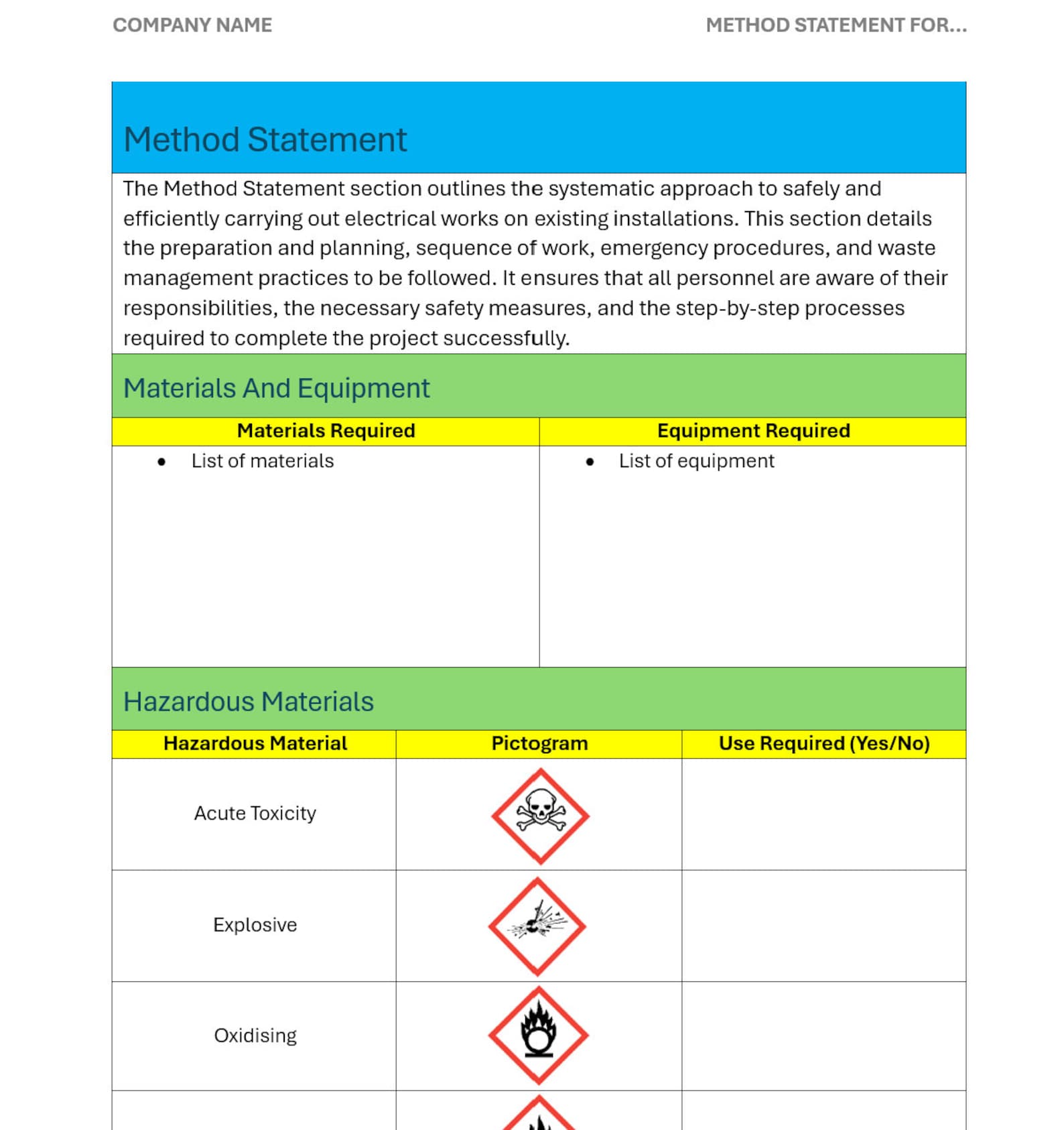 Blank Method Statement Template. Fully Customisable, Editable ...