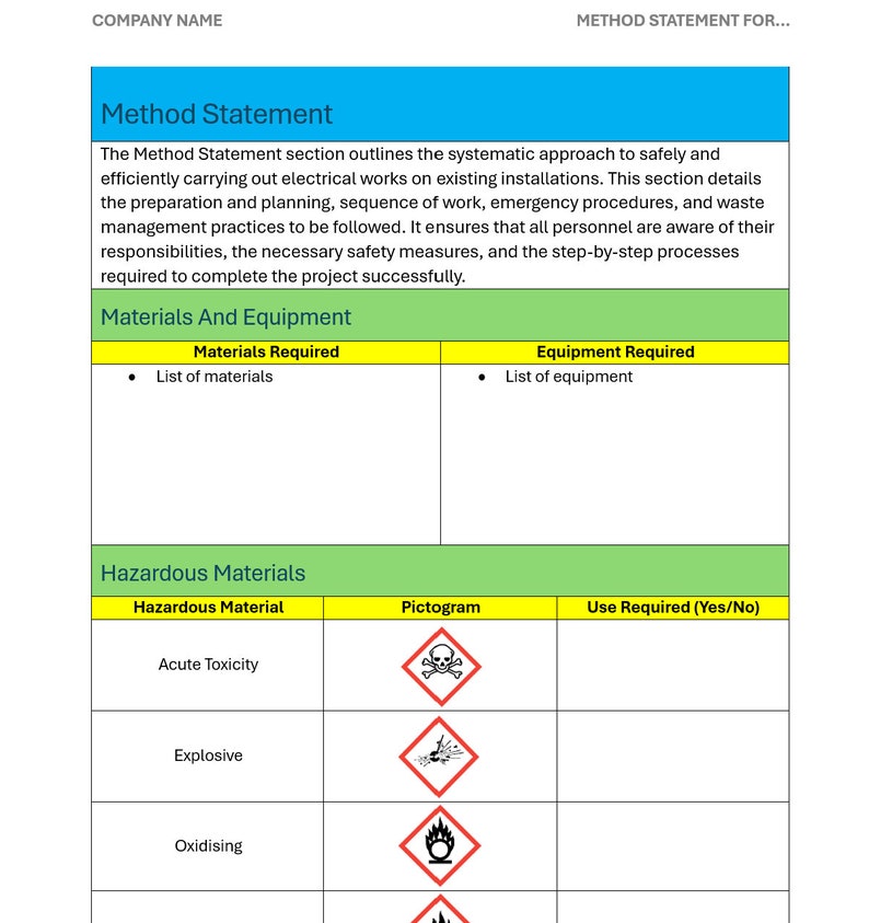 Blank Method Statement Template. Fully Customisable, Editable ...