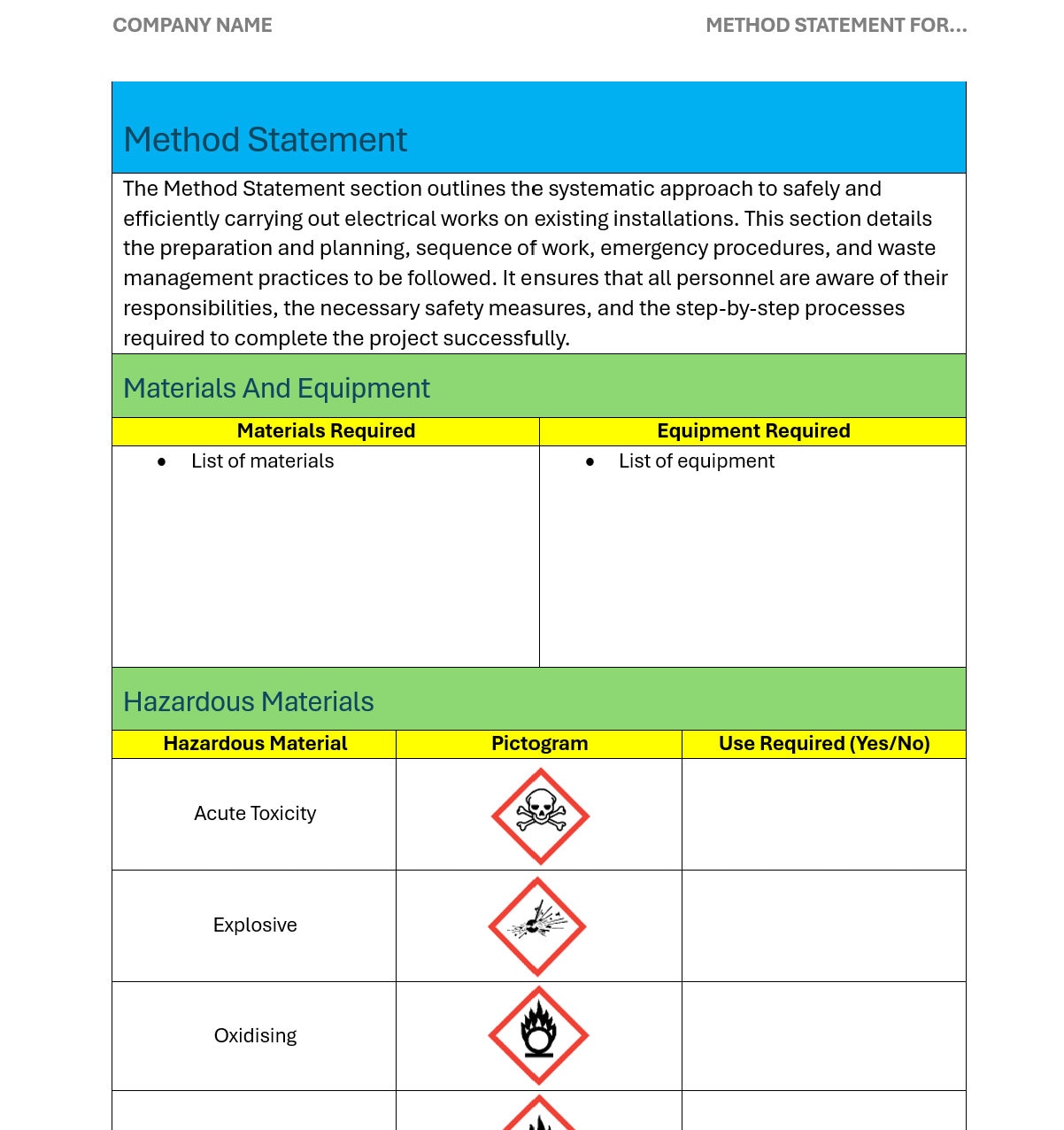Blank Method Statement Template. Fully Customisable, Editable ...
