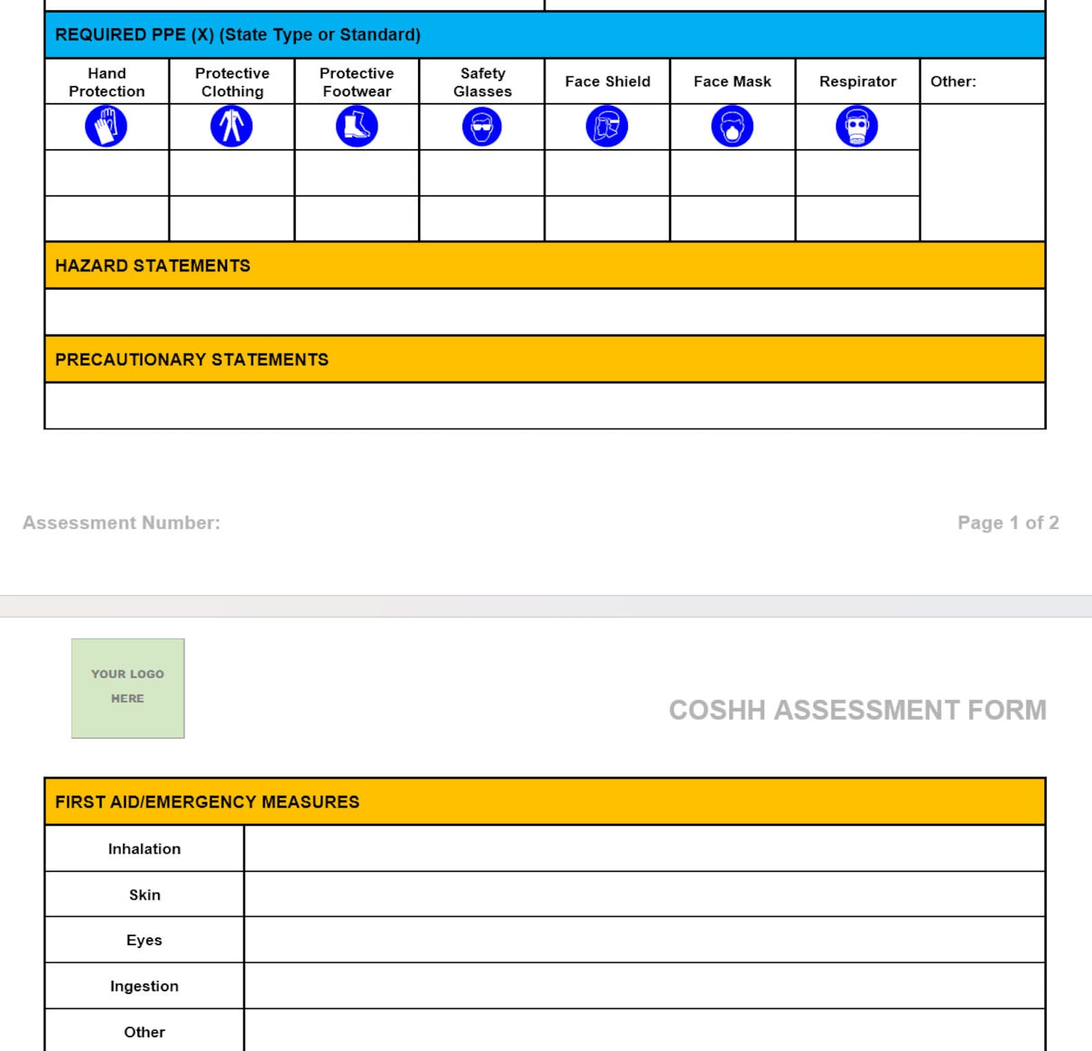 Blank COSHH Assessment Template - MS Word, Fully Customisable, Editable ...