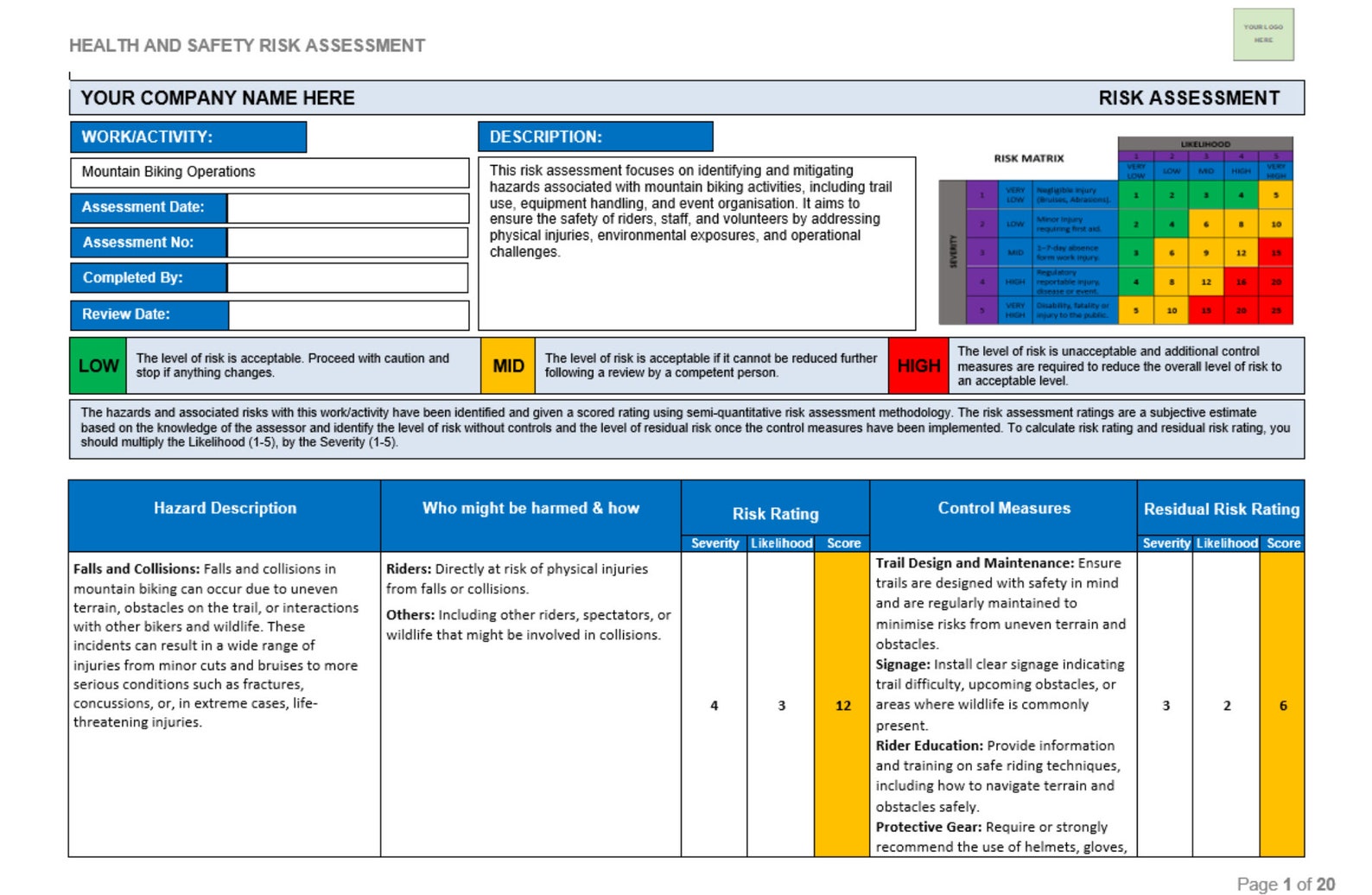 Mountain Biking Risk Assessment - MS Word, Fully Customisable, Editable ...