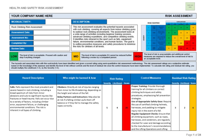 Rock Climbing Risk Assessment - MS Word, Fully Customisable, Editable ...