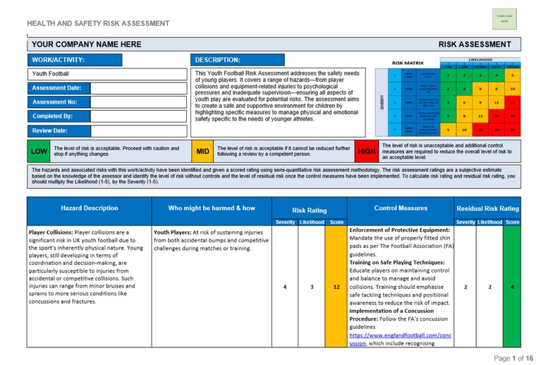 Youth Football Risk Assessment - MS Word, Fully Customisable, Editable ...