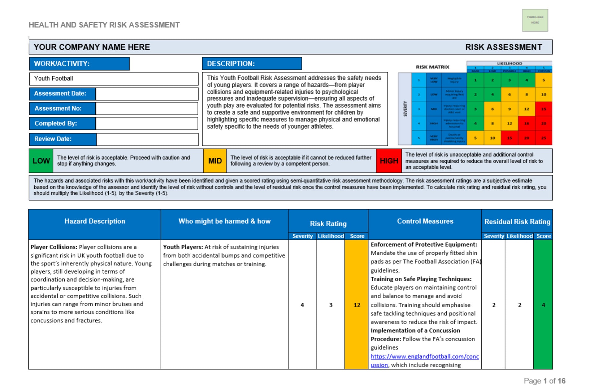 Youth Football Risk Assessment - MS Word, Fully Customisable, Editable ...