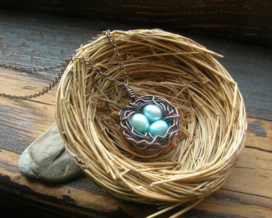 Bird Nest Necklace Rustic Robins Nest Necklace Freshwater Pearl Eggs ...