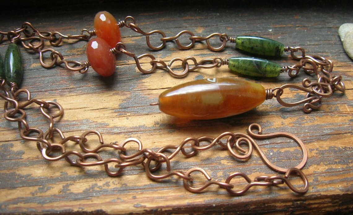 Handmade Copper Chain with Carnelian and Agate necklace | Etsy