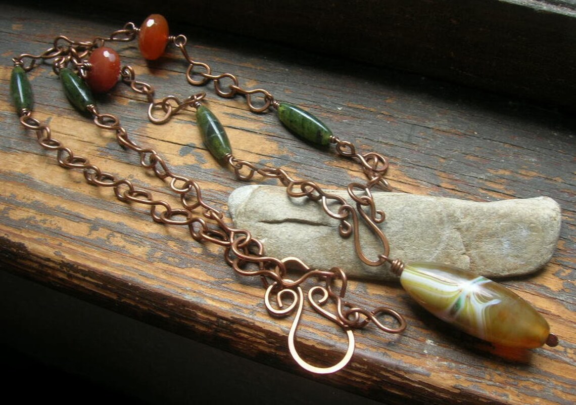 Handmade Copper Chain with Carnelian and Agate necklace | Etsy