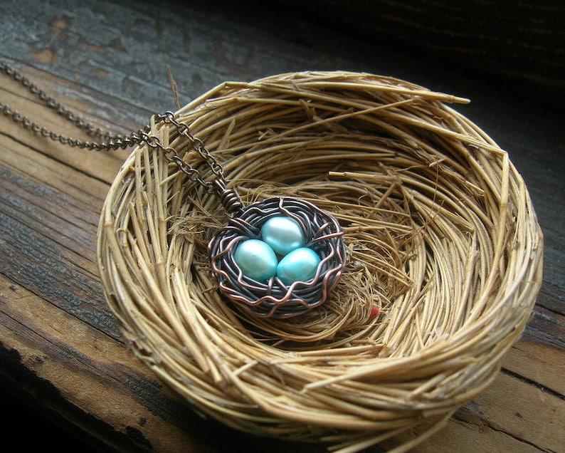 Bird Nest Necklace Rustic Robins Nest Necklace Freshwater Pearl Eggs ...