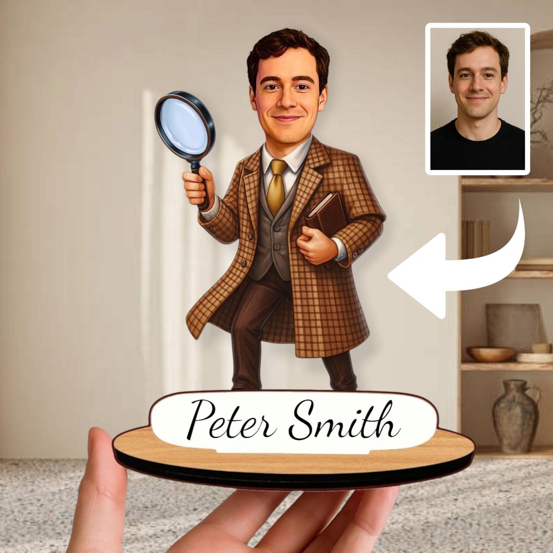 Personalized Detective Gift: Custom Wooden Caricature Figurine, Mystery ...