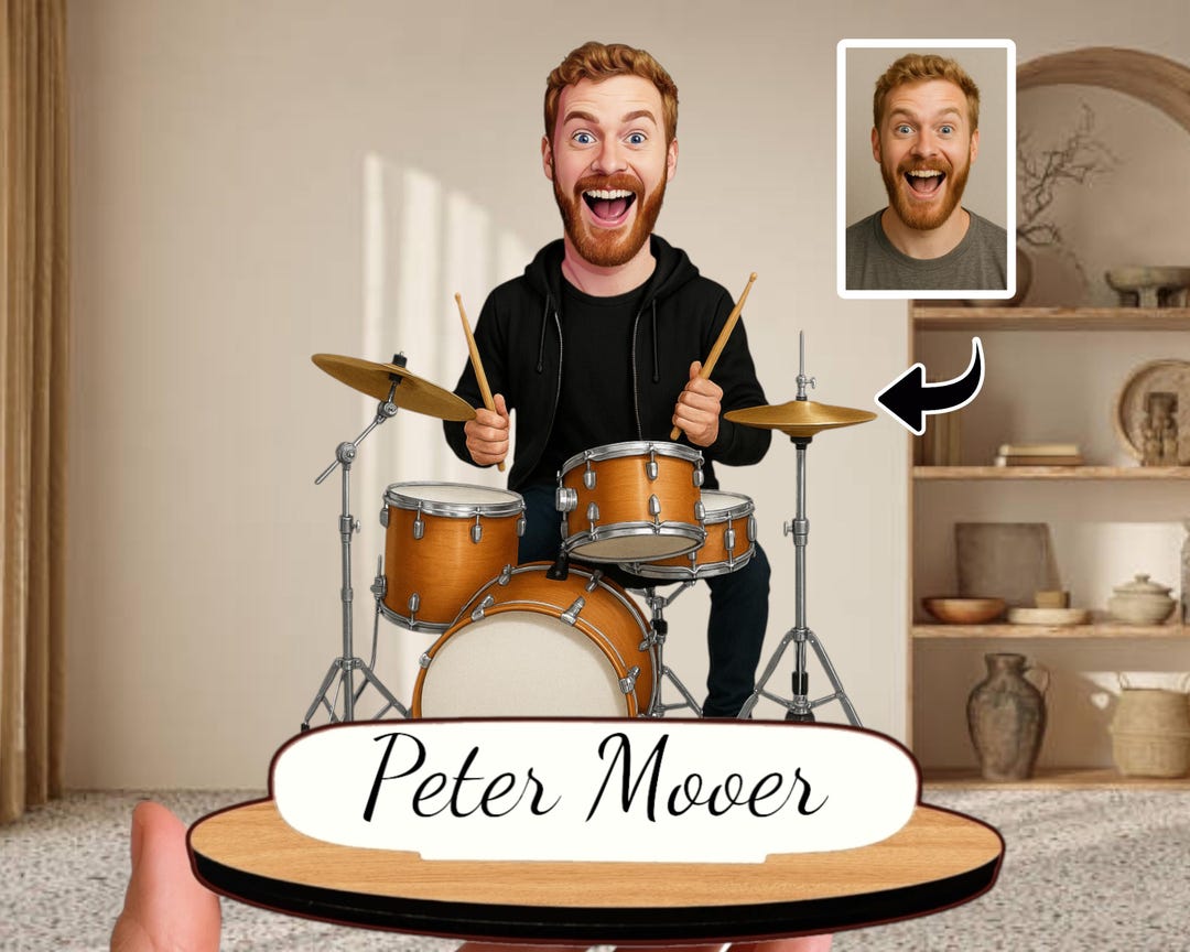 Personalized Drummer Caricature – Custom Wooden Figurine, Unique Decor ...