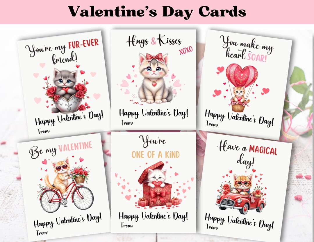 Custom Printable Cat Valentine Cards, Cute Kittens, Valentines for ...