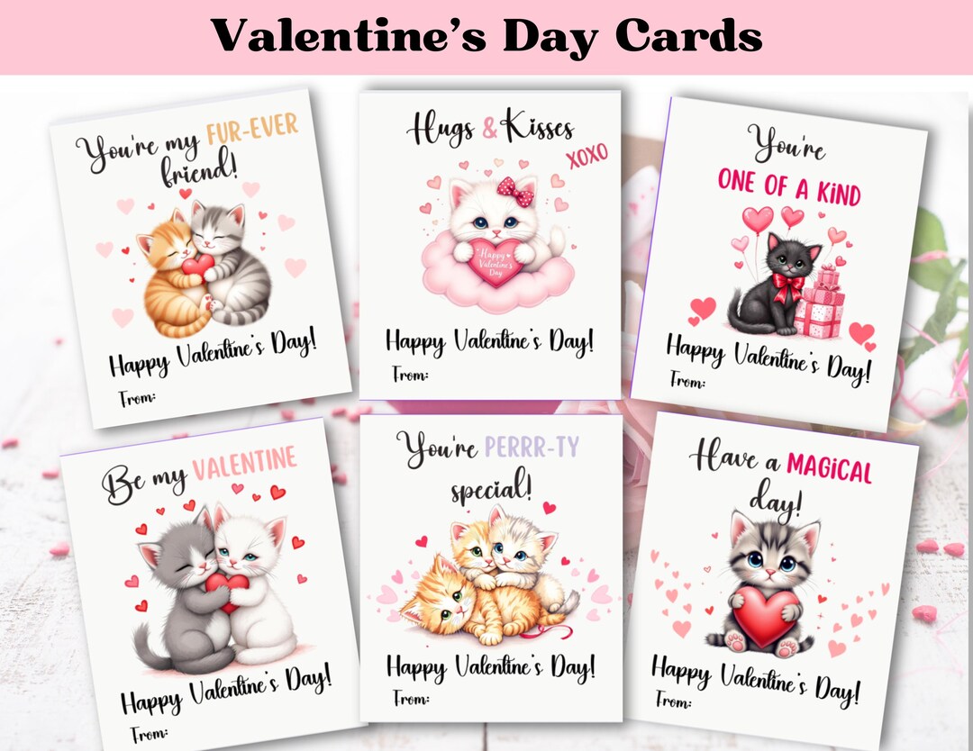 Custom Printable Cat Valentine Cards, Cute Kittens, Valentines for ...