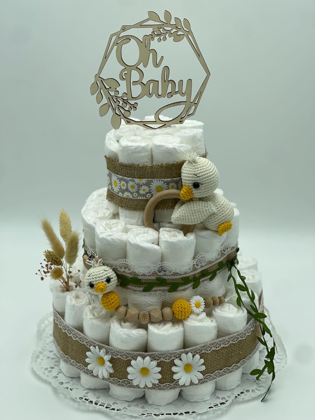 Diaper Cake With Duck Rattle & Duck Pacifier Chain | Gift for Birth and ...