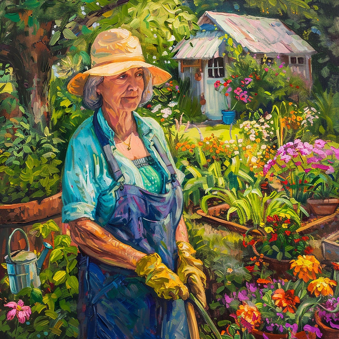 Original "serenity in the Garden", Peaceful Gardening Scene, Elderly ...