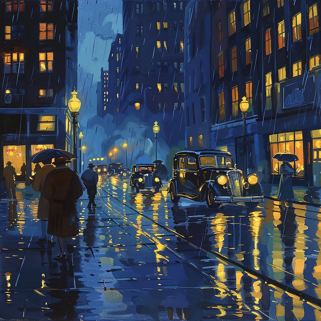 Original "rainy Night in the City", Urban Night Scene, Rainy Cityscape ...