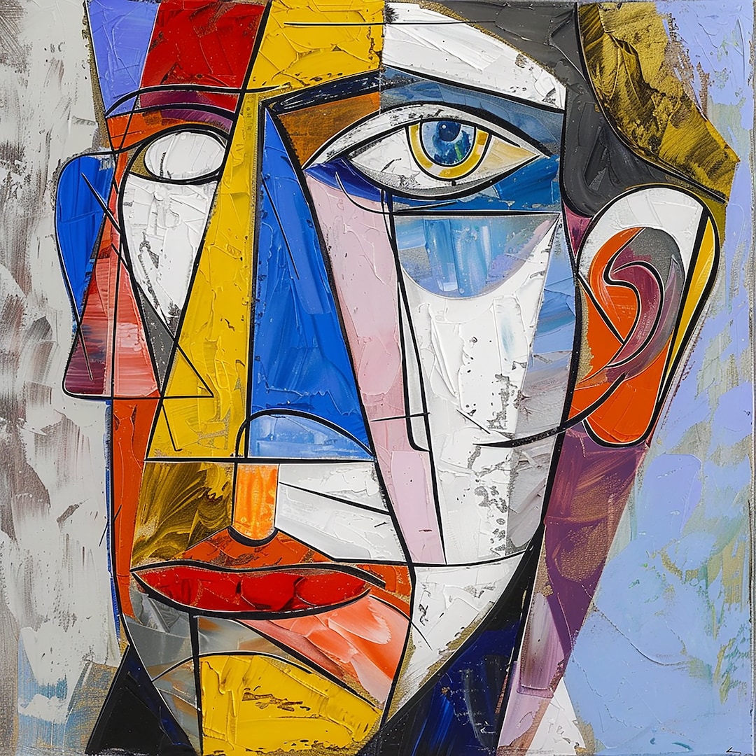 Original "fragmented Portrait", Cubist Face Art, Geometric Abstract ...