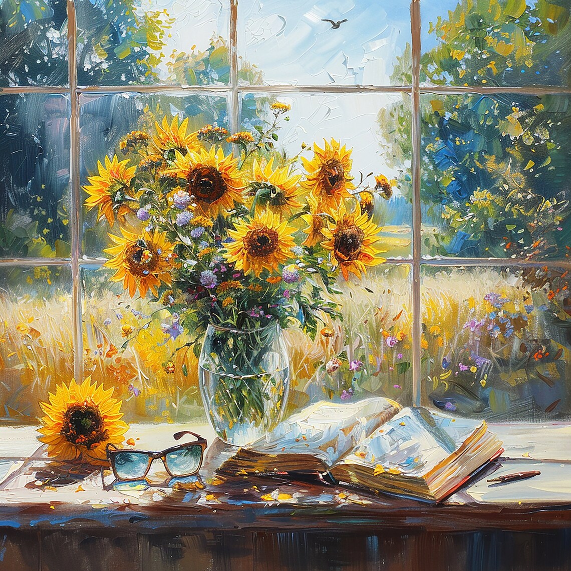 Original "sunlit Blooms", Sunflower Still Life, Bright Floral Decor ...