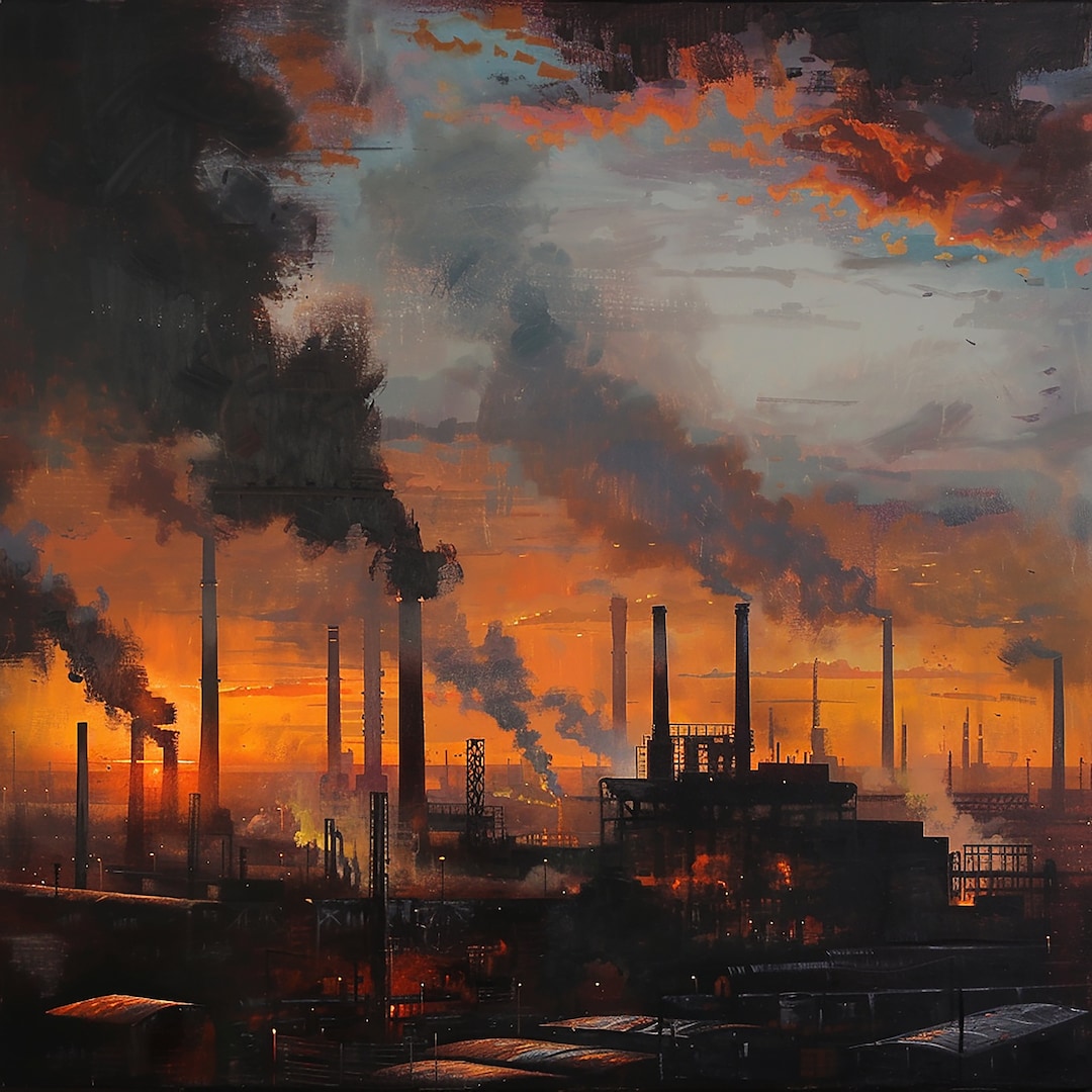 Original "industrial Sunset", Factory Skyline Art, Industrial Landscape ...