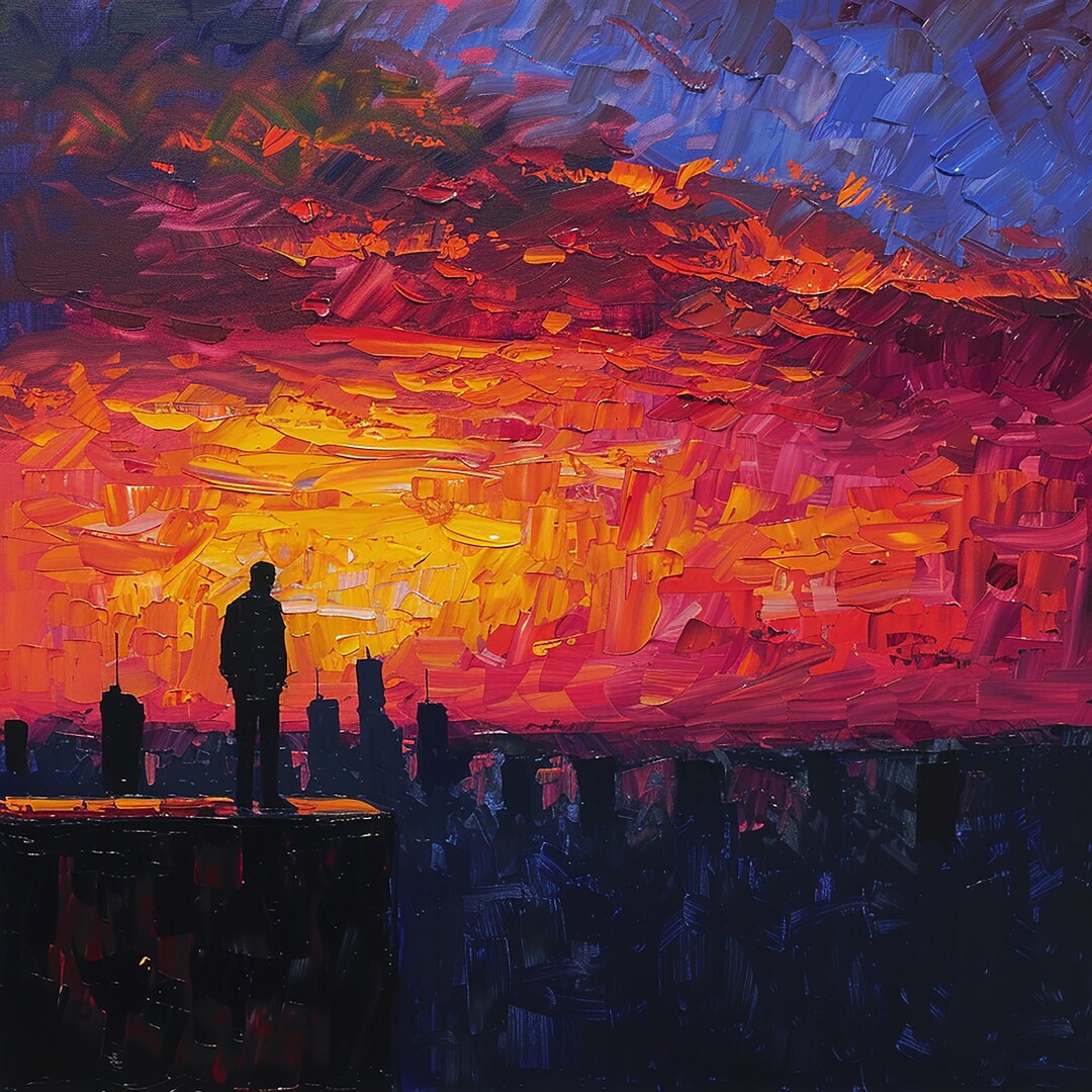 Original "twilight Contemplation", City Sunset Scene, Solitary Figure ...