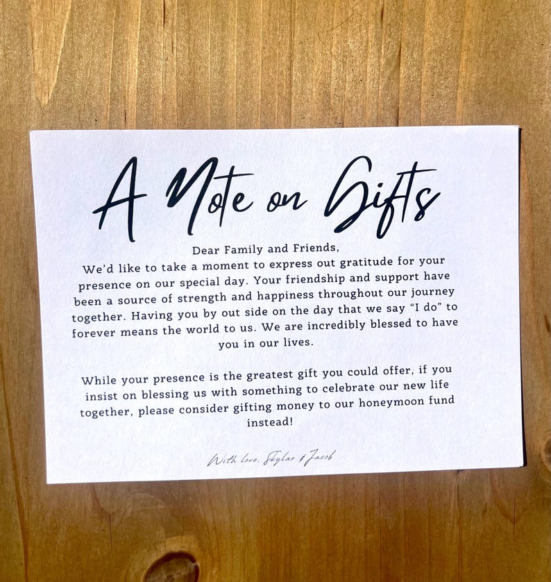 Wedding Gift Poem Printable – Honeymoon Fund Sign – A Note on Gifts ...