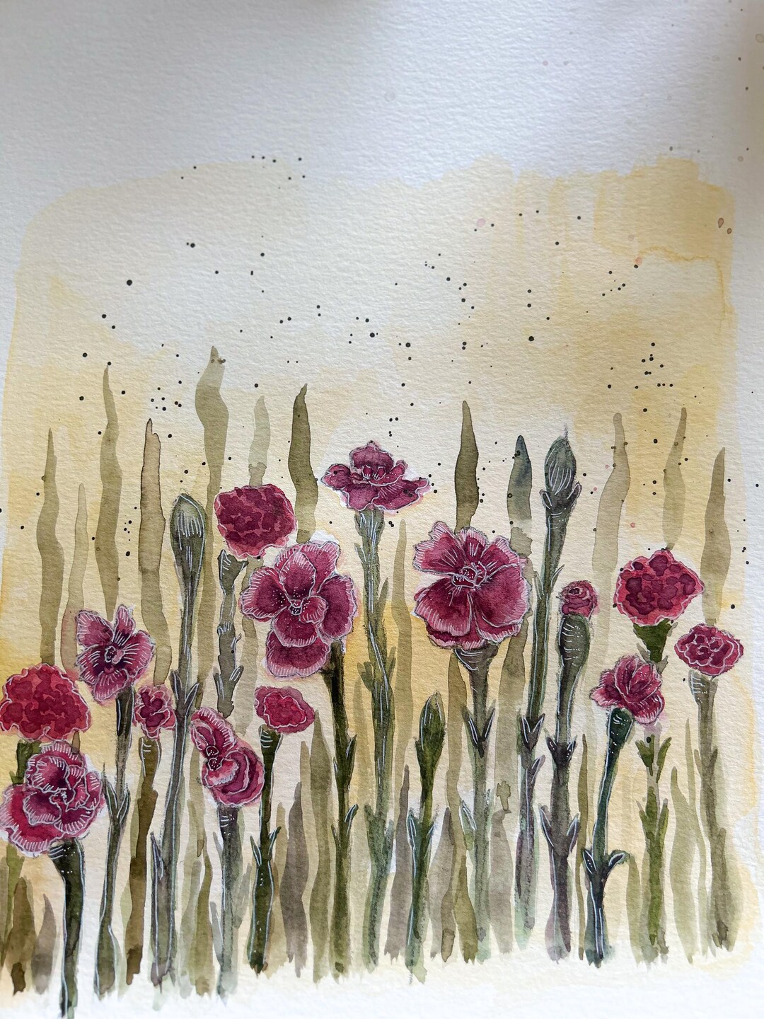 Soft Crimson Carnation Wildflowers – Minimalist Watercolor Painting for ...