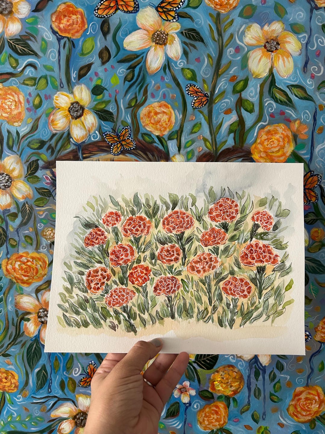 Marigold Watercolor Painting—mexican Folk Botanical Original Wall Art ...