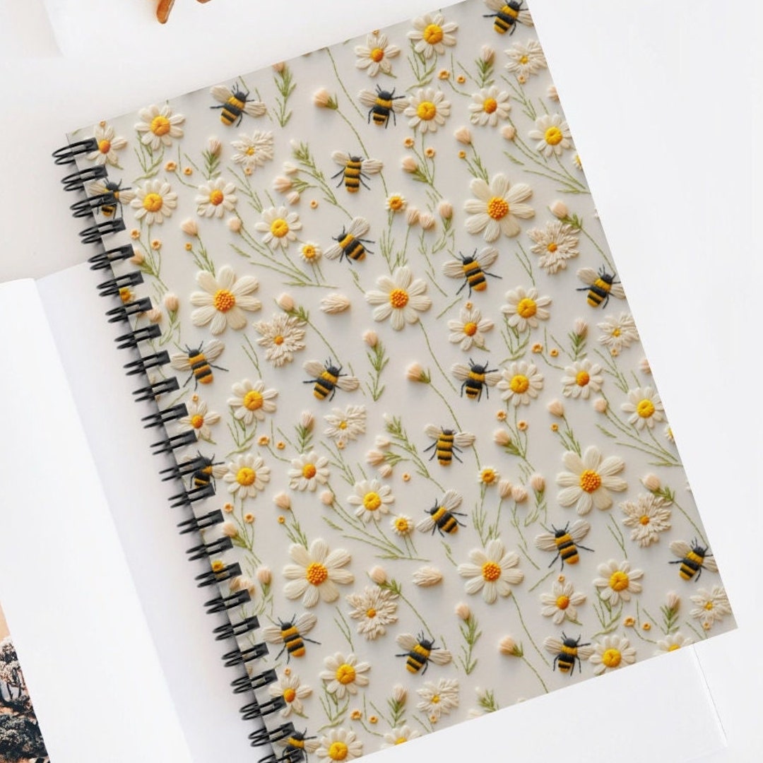 Cute Embroidery Floral Bees Spiral Notebook, Faux Embroidered ...