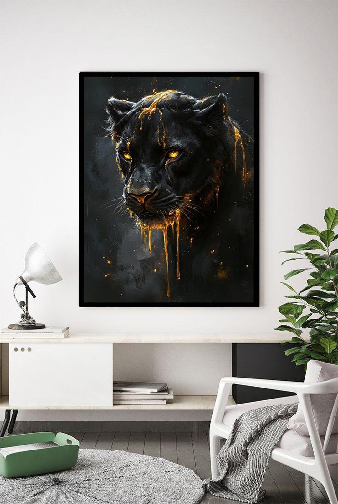 Black Panther Canvas Wall Art, Gold Detailed Panther Canvas Home Decor ...