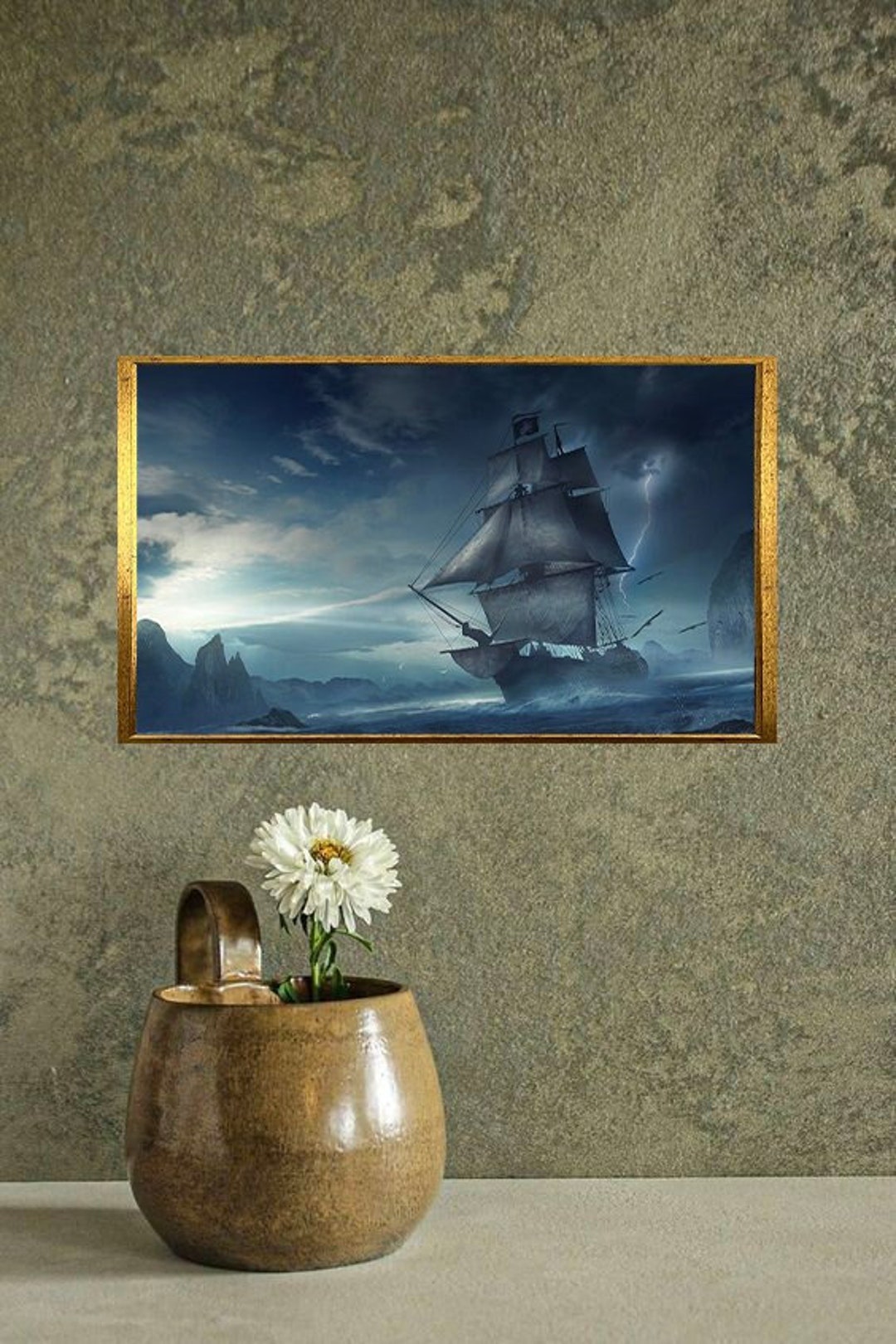 Ship Canvas in Windy Weather, Night and Sea, Pirate Ship Wall Decor ...