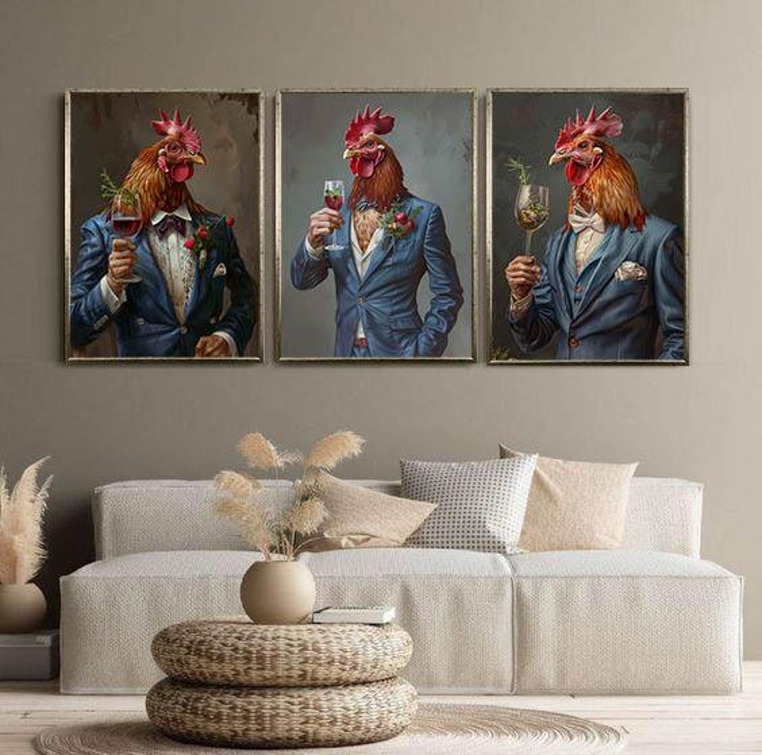 Rooster in Suit Canvas Wall Art, Rooster Canvas Wall Decor, Set of 3 ...