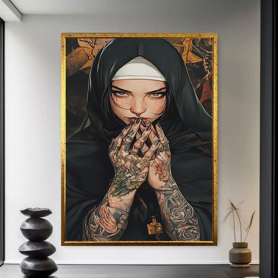 Nun Canvas Wall Art, Tattooed Woman Canvas Print, Nun Canvas Home Decor ...