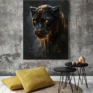 Black Panther Canvas Wall Art, Gold Detailed Panther Canvas Home Decor ...