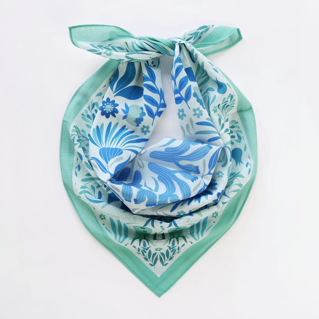 Sky Blue Floral Mint Cotton Voile Bandana Originally Designed Boho ...