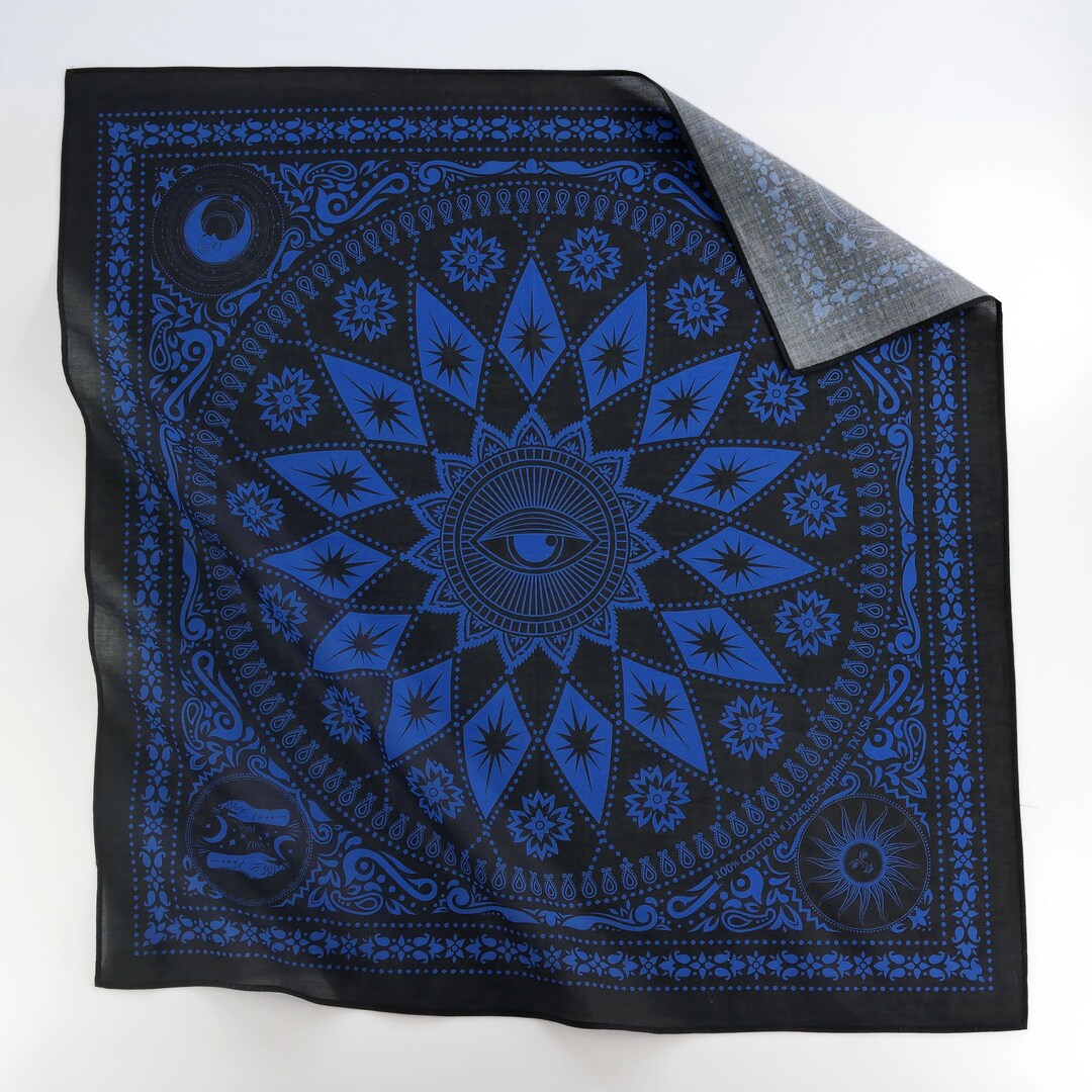 Sapphire Blue Black Cotton Voile Bandana Sun Moon Third Eye Boho Wrap ...