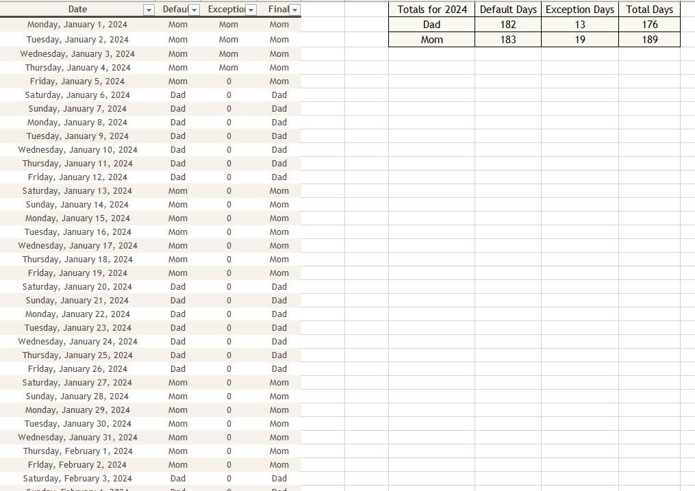Automatic Custody Schedule Template for Month and Year Printable One ...