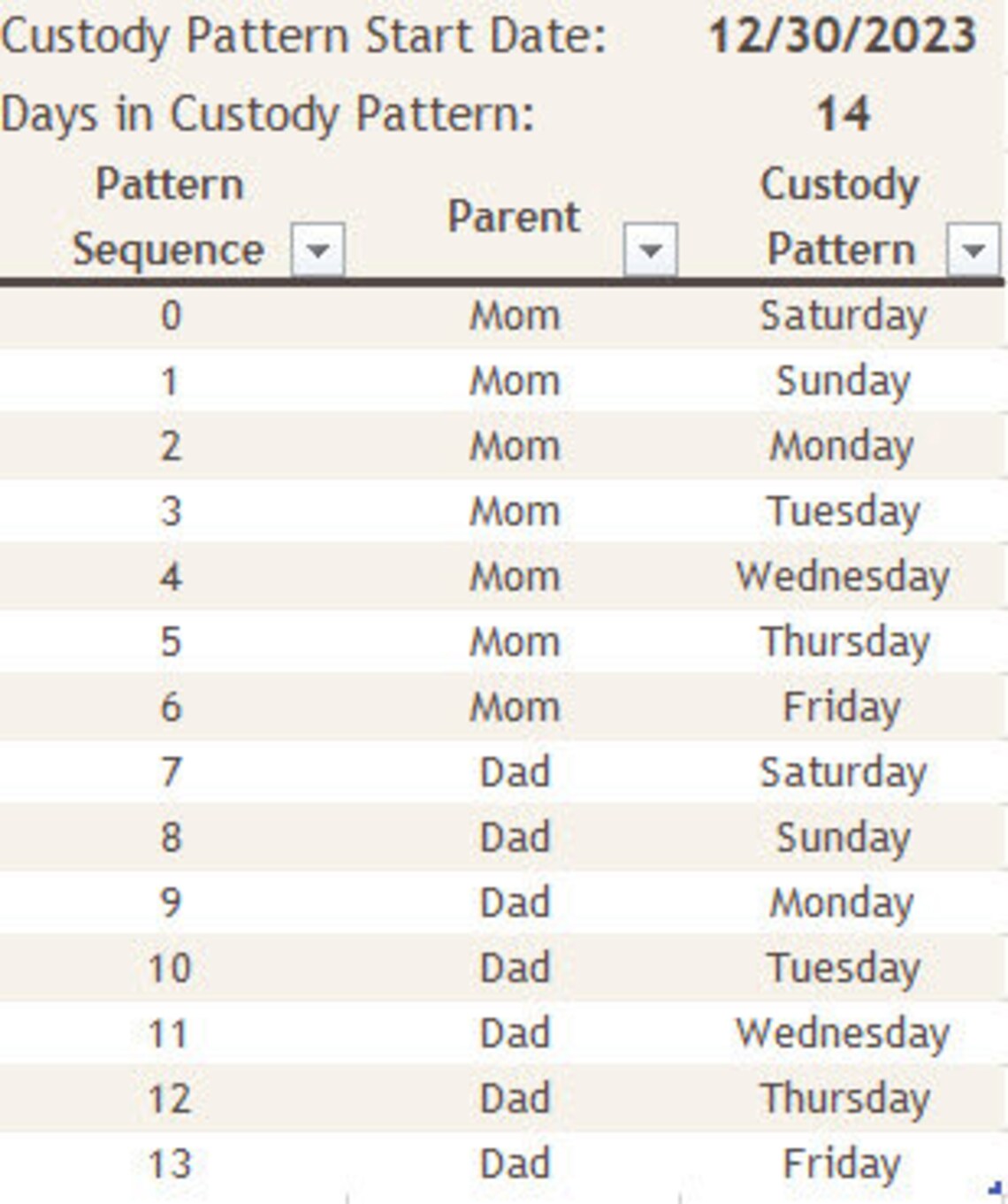 2-year Automatic Custody Schedule Template for Month and Year Printable ...