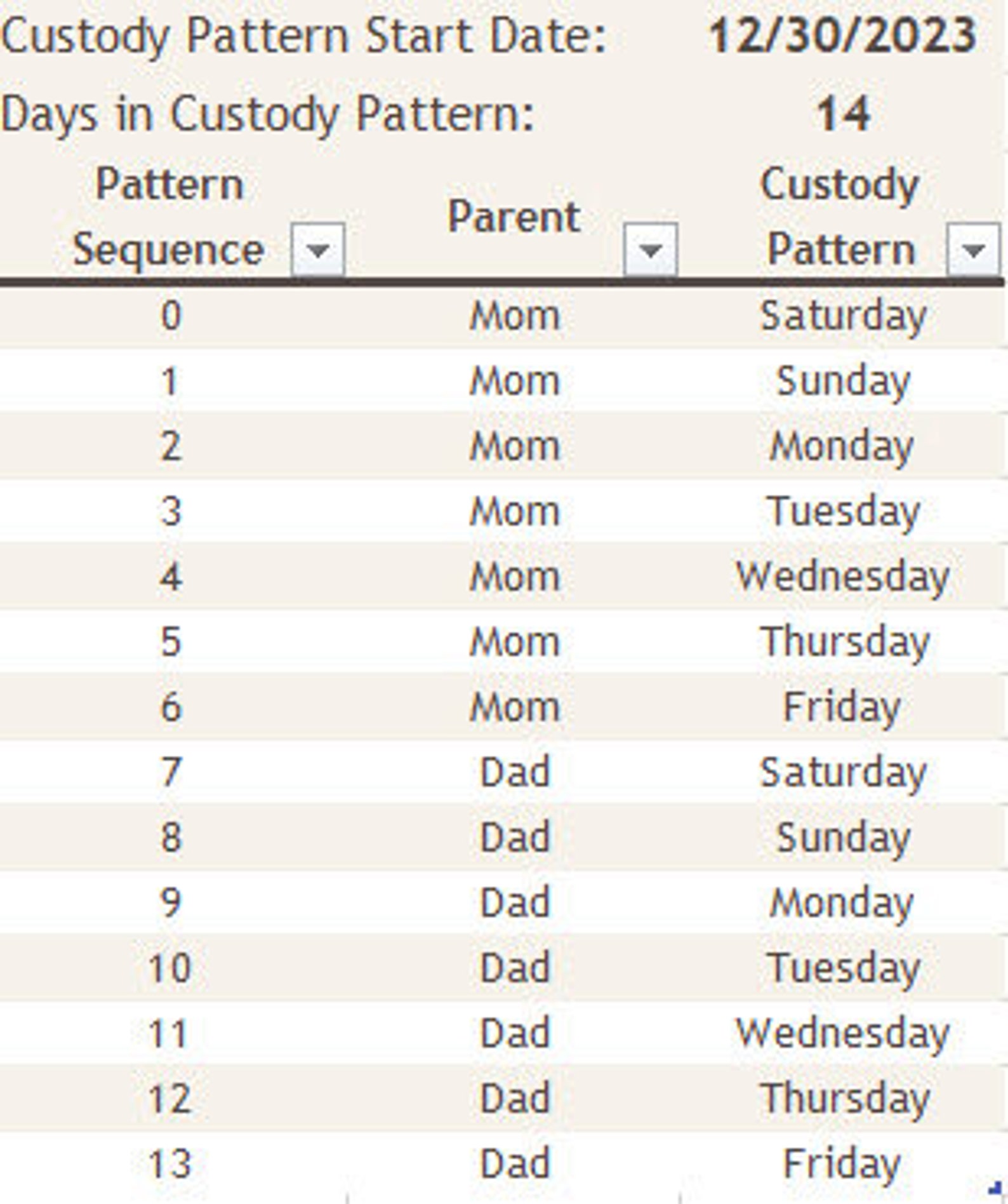 2-year Automatic Custody Schedule Template for Month and Year Printable ...