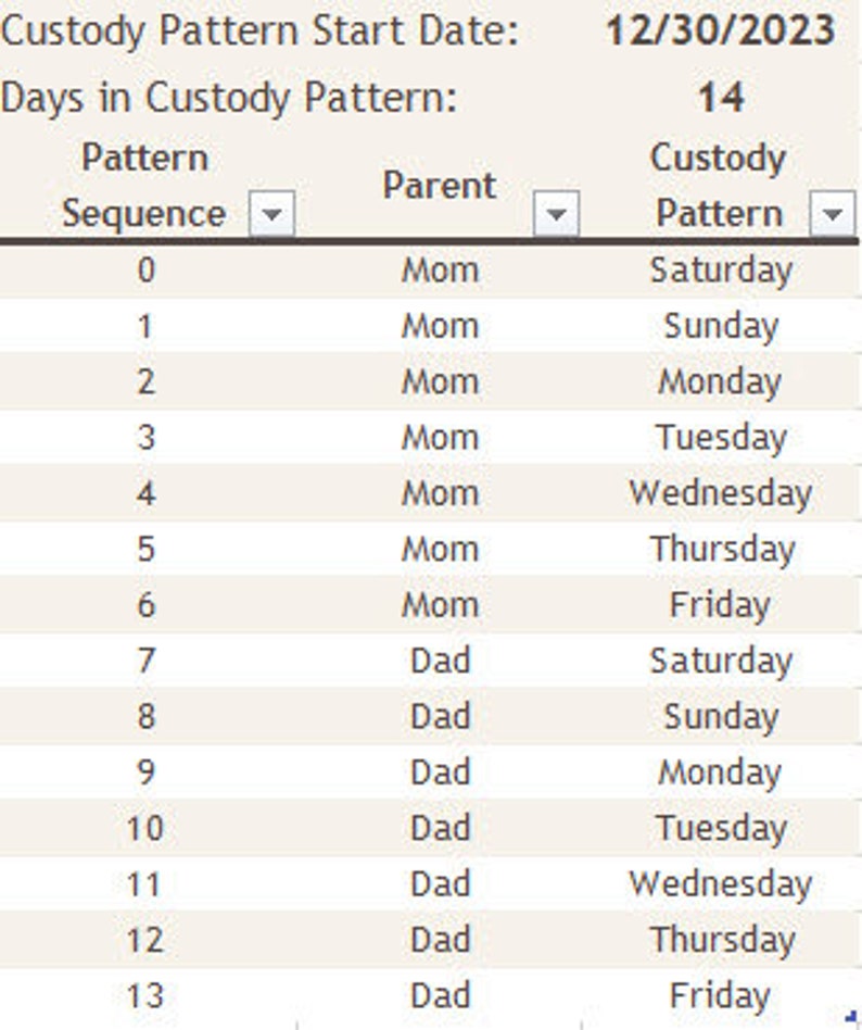 Automatic Custody Schedule Template for Month and Year Printable One ...