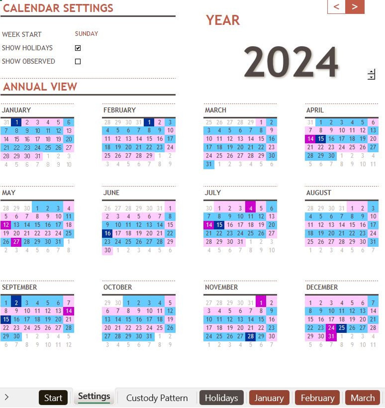 Automatic Custody Schedule Template for Month and Year Printable One ...