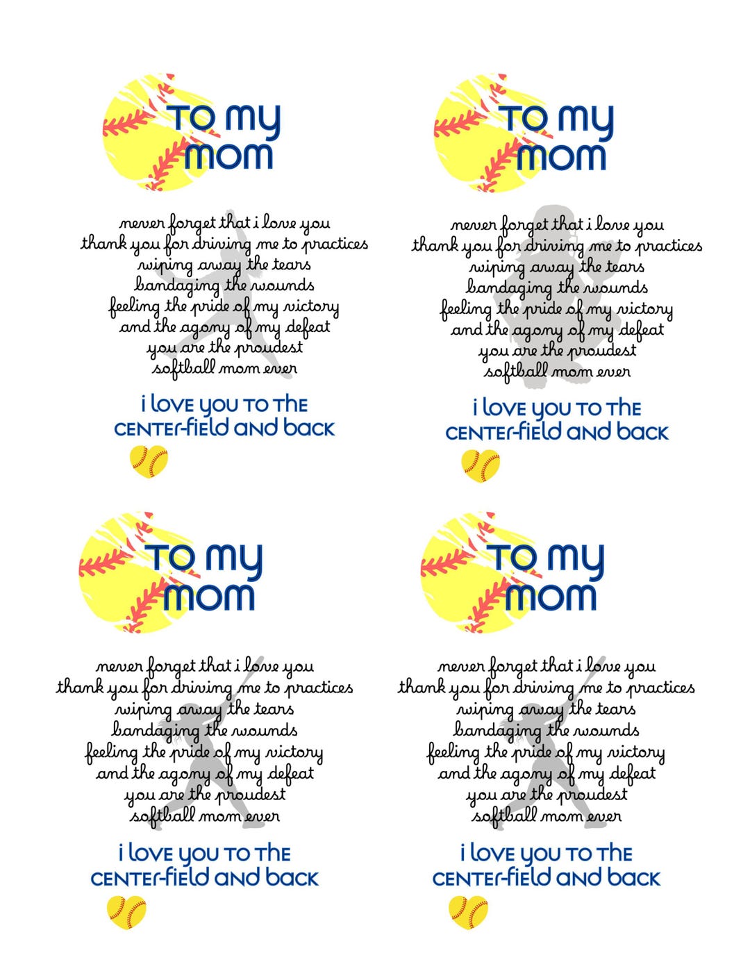 Softball Mom Poem Note Card: Printable Thank You Gift (PNG File) - Etsy