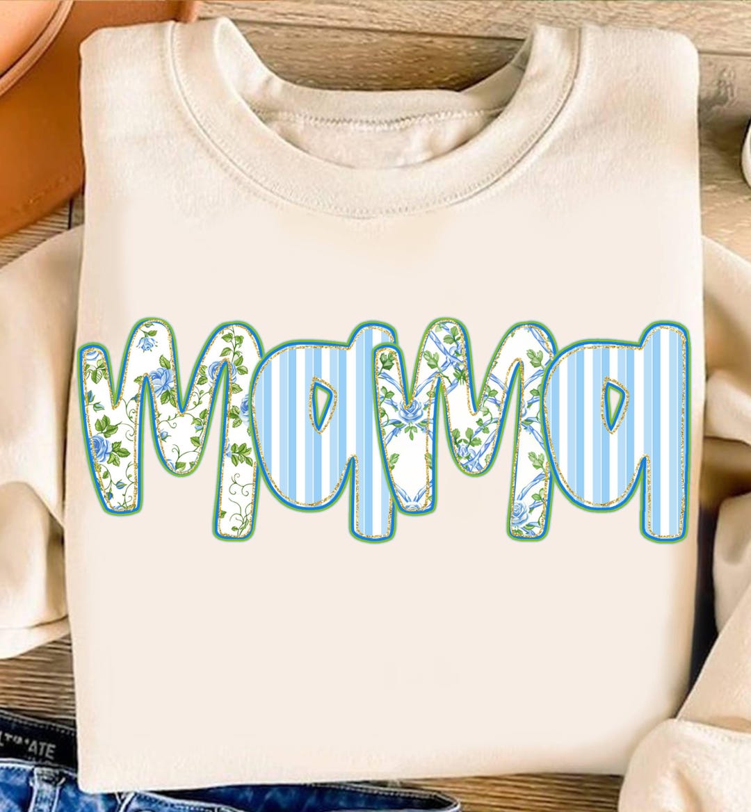 Preppy Mama Floral Glitter Png, Blue Floral, Stripes, Preppy Mama Png ...
