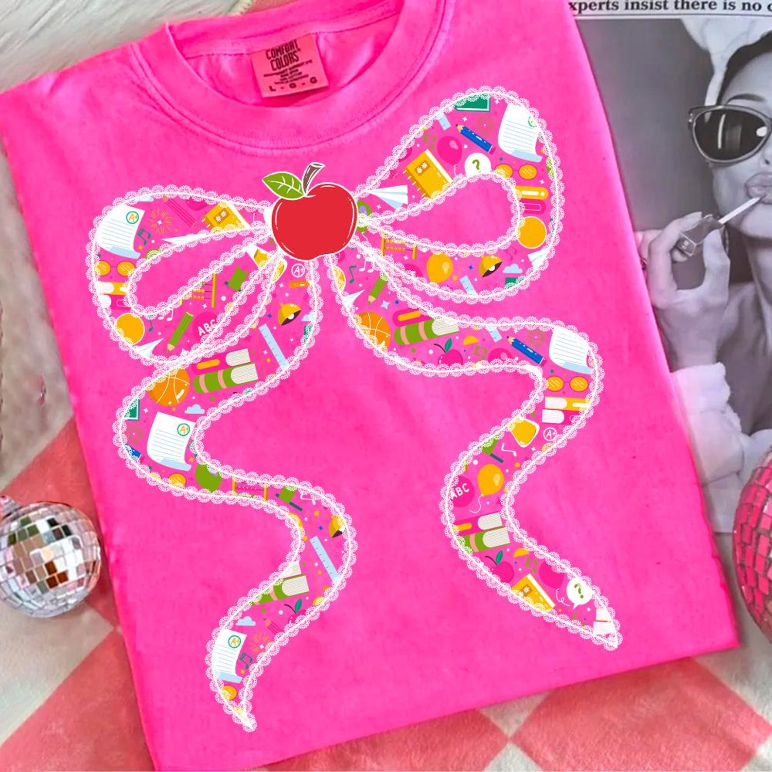 Coquette Teacher Lace Bow Png, Preppy Back to School Png, Neon ...