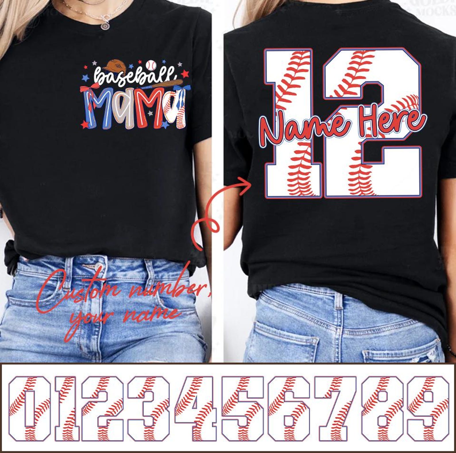 Personalized Baseball Mama Bow Glitter Png, Game Day Baseball Numbers ...