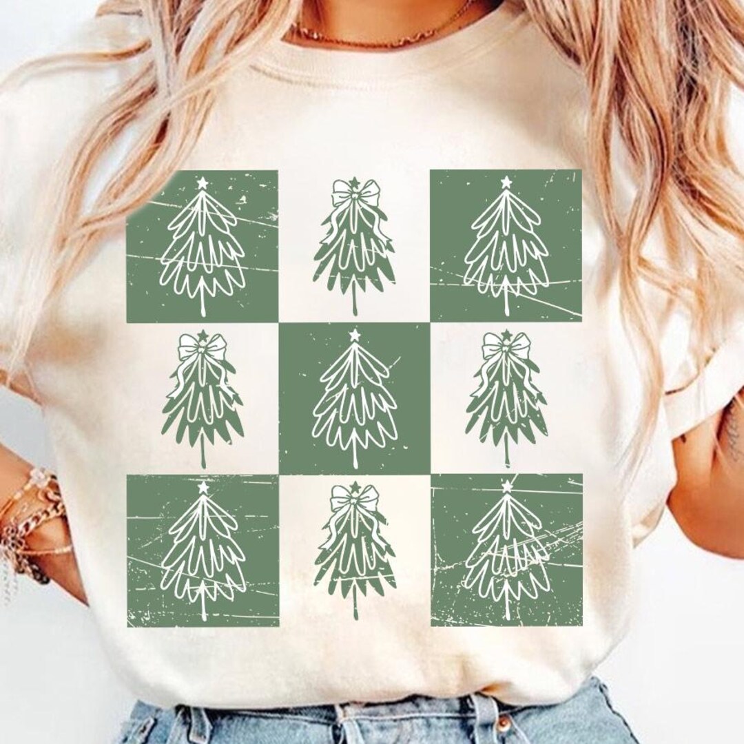 Retro Checkered Christmas Tree Coquette Bow PNG, Cute Checkered ...