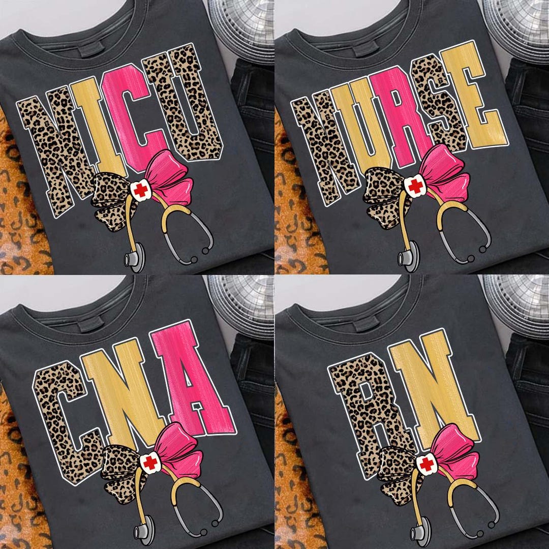 Preppy Nurse Bundle PNG, Coquette Nicu RN CNA Png, Neon Glitter Leopard ...