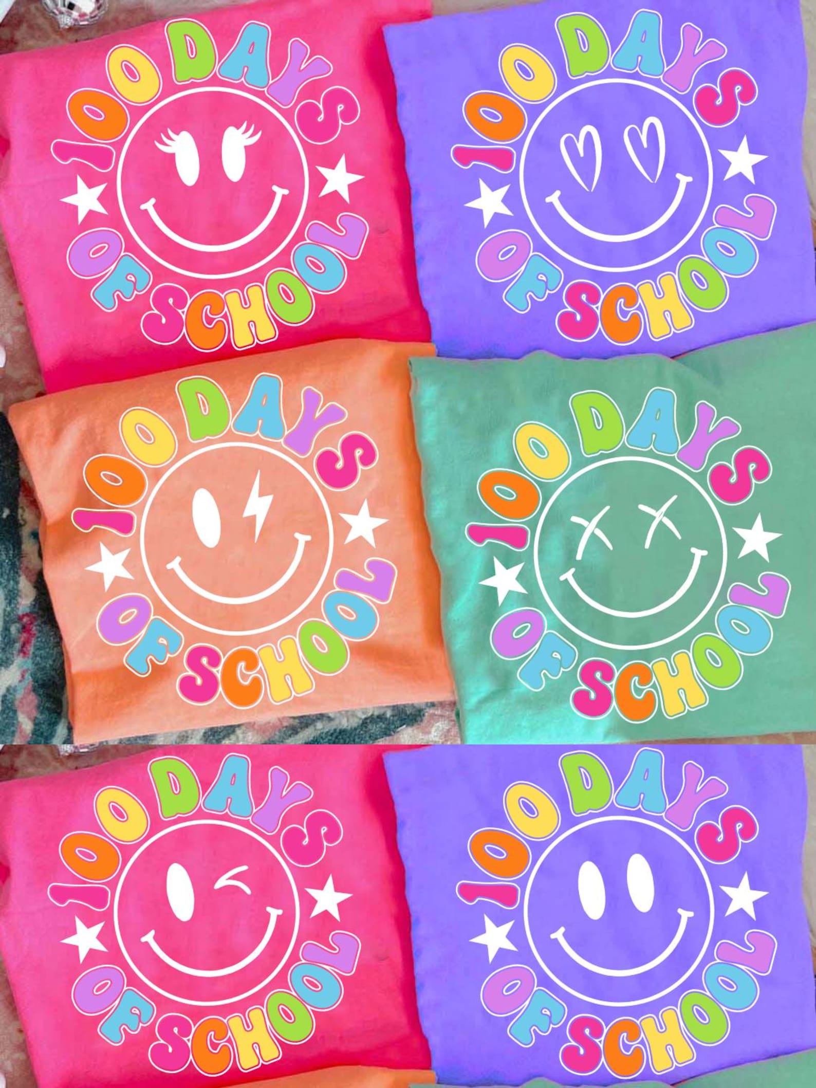 Smiley Neon 100 Days of School PNG Bundle, 100th Day of School Png ...