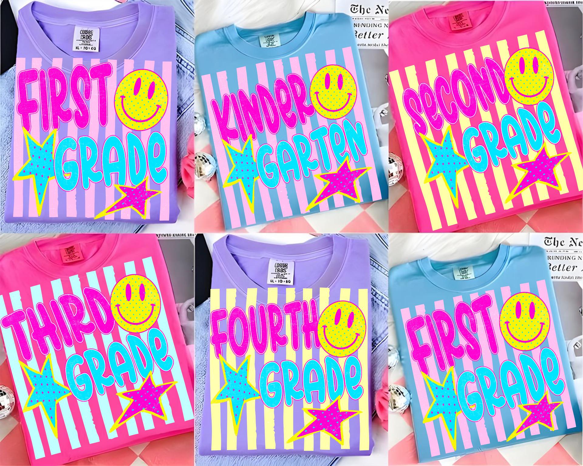 Neon Striped School Smiley Face PNG Bundle, Trendy Summer Teacher ...