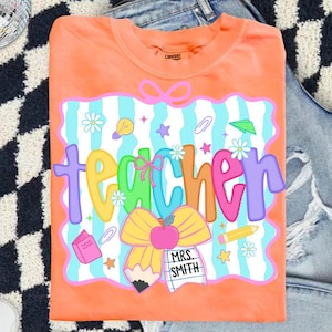 Preppy Teacher Back to School Custom Name PNG, Coquette Teacher First ...
