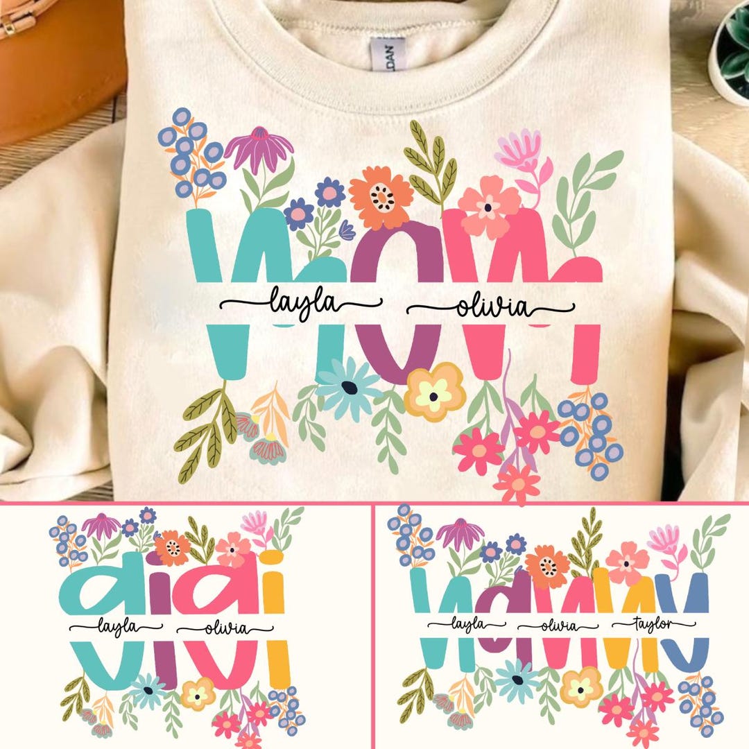 Preppy Mom Floral Glitter Bundle Png, Floral Mom Gigi Nanny With Kids ...